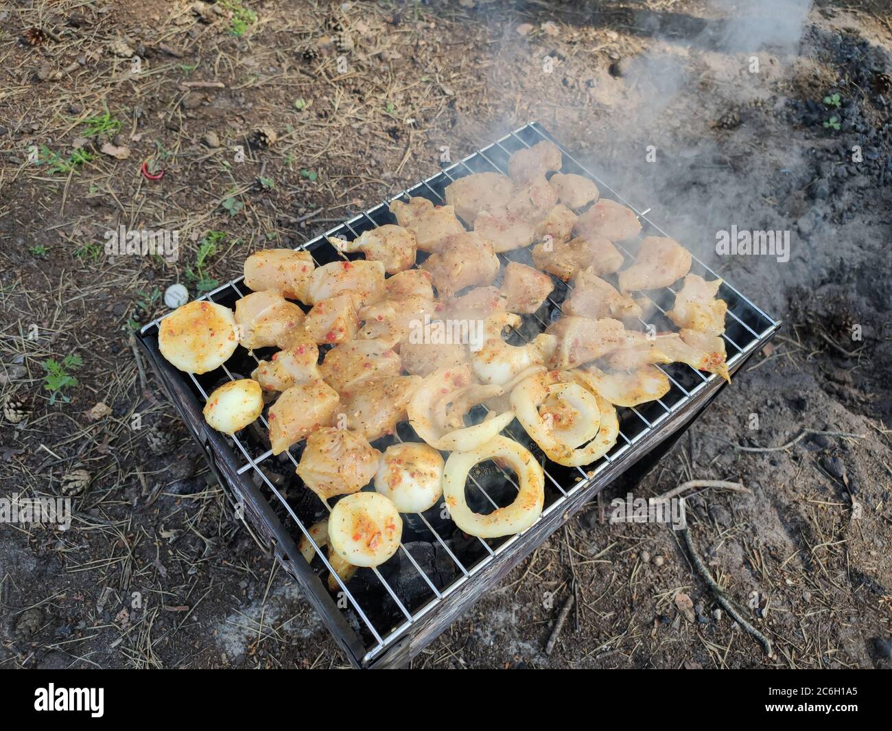 meat on barbecue grill in the forest Stock Photo - Alamy
