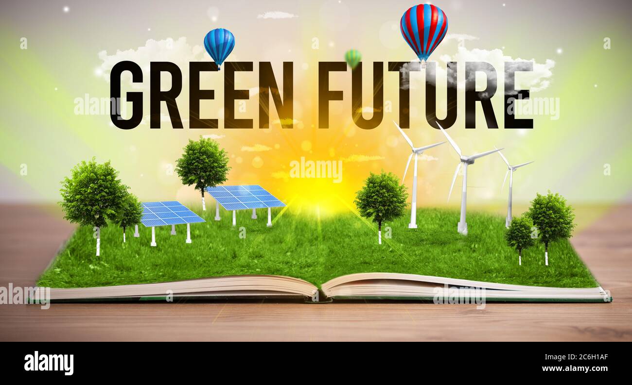 Open book with GREEN FUTURE inscription, renewable energy concept Stock ...
