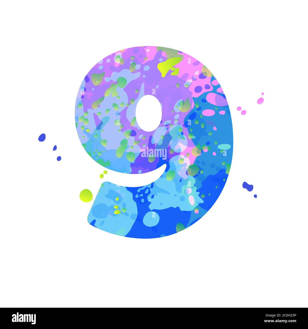 Number 9 with effect of liquid spots of paint in blue, green, pink ...