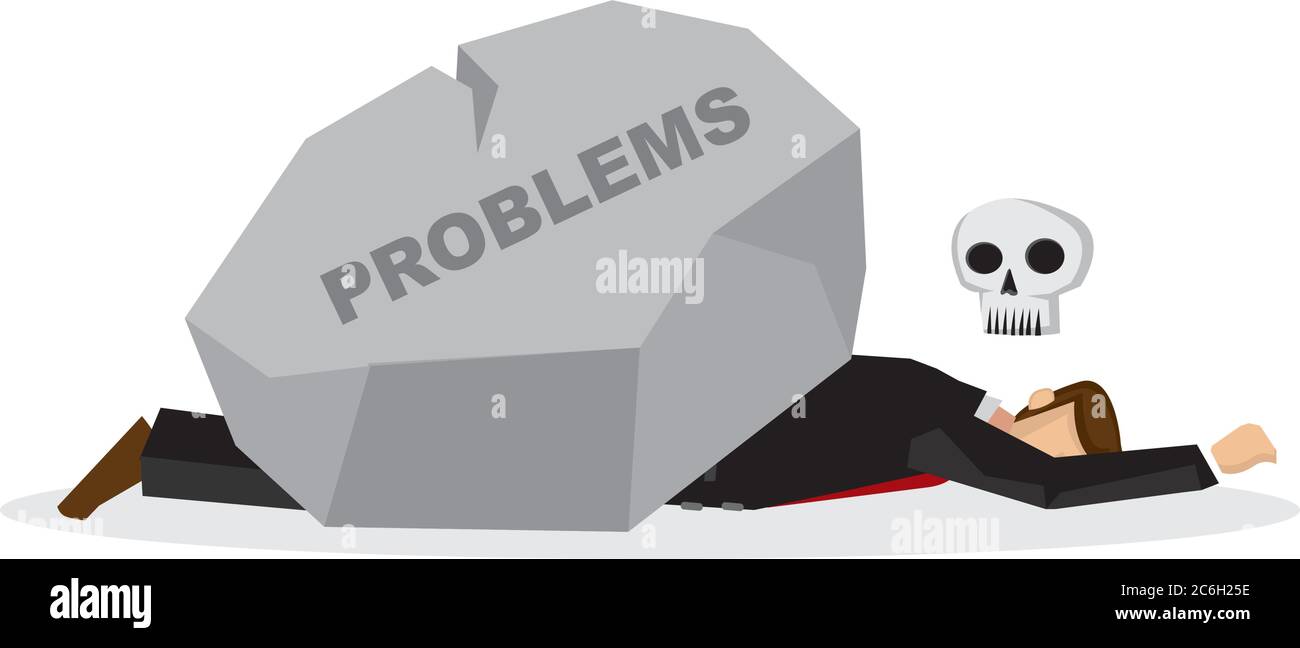 Dead businessman under a giant rock title problems. Corporate business ...