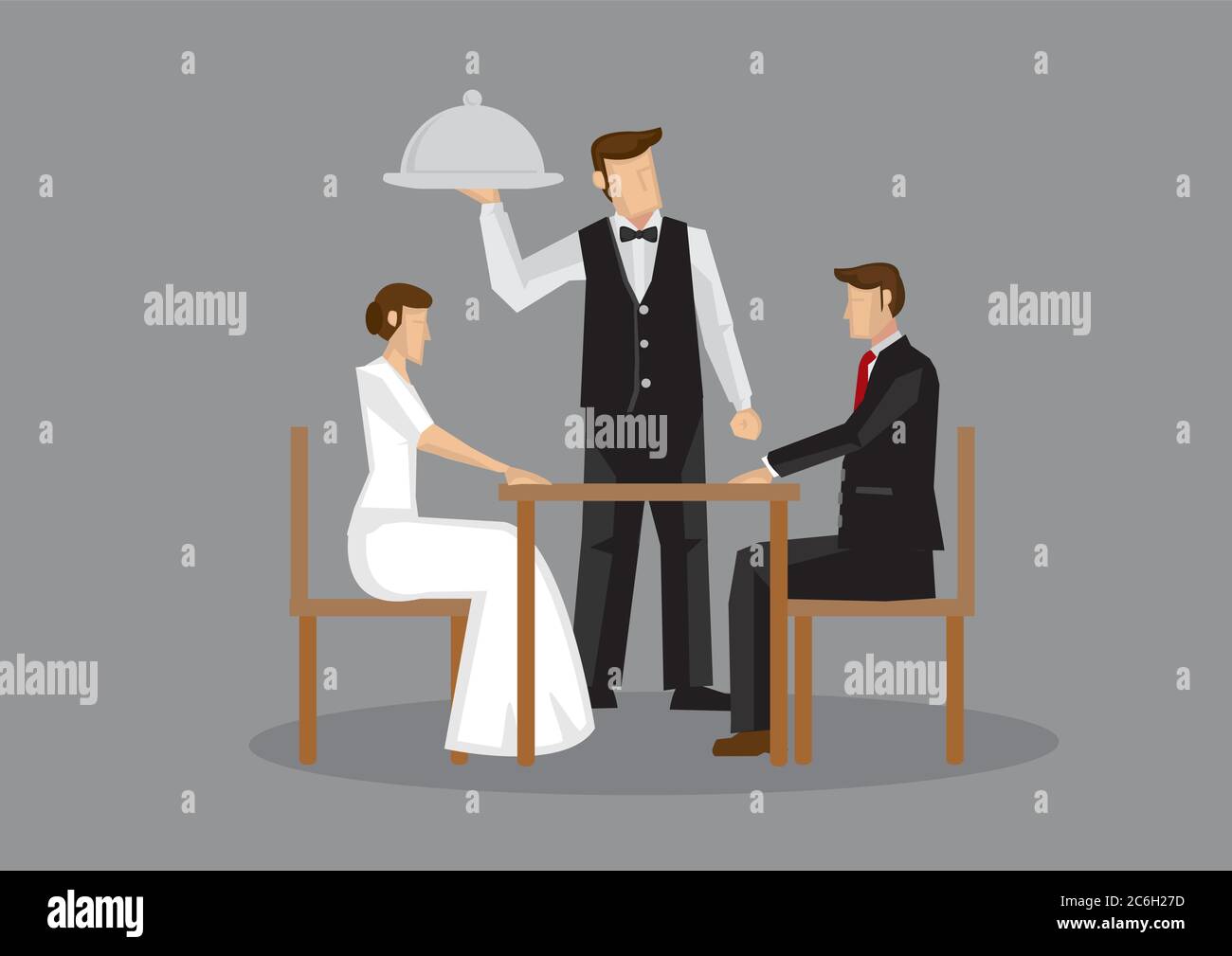 Cartoon man and woman in formal attire sitting at table and waiter with ...