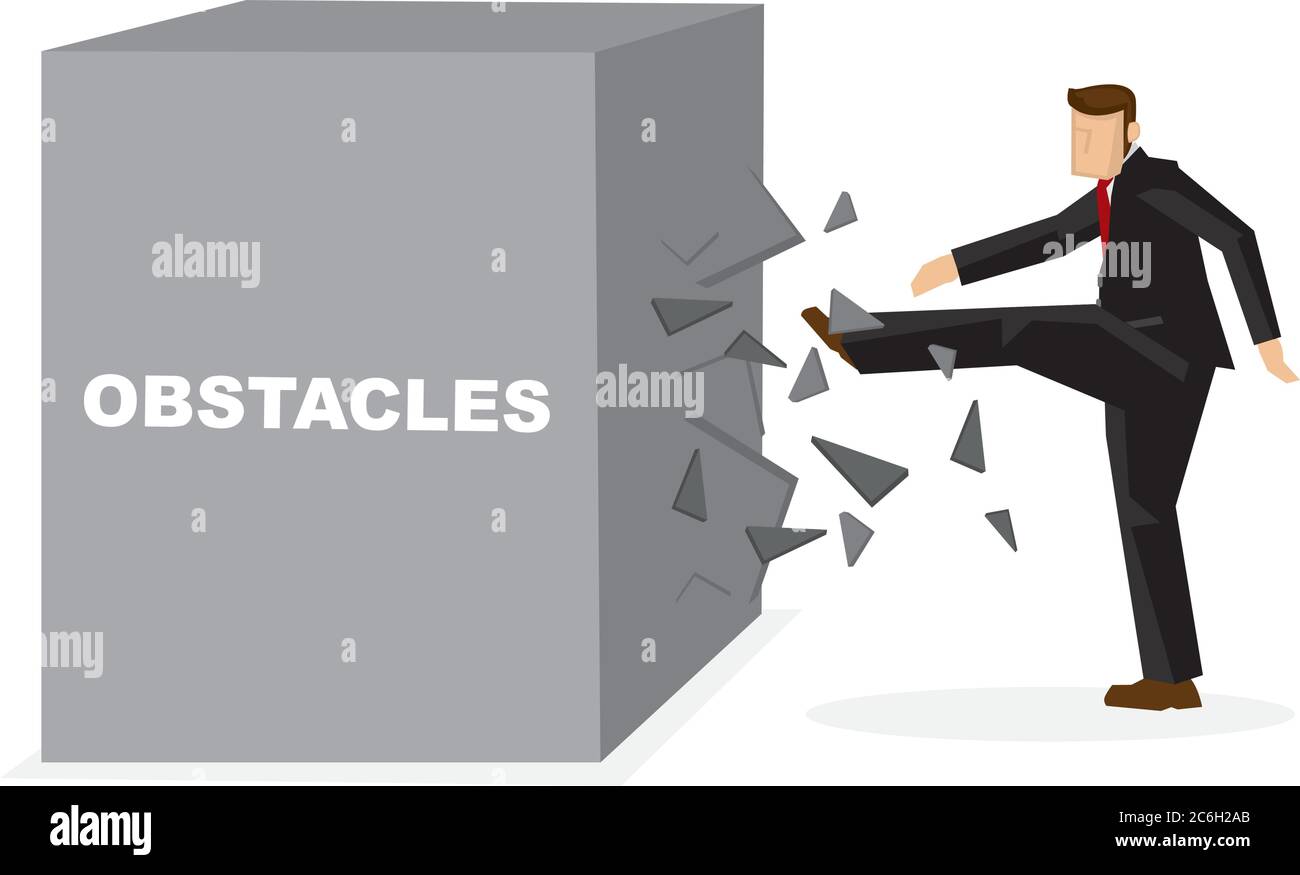 Illustration of a businessman kicking a giant block title obstacles ...
