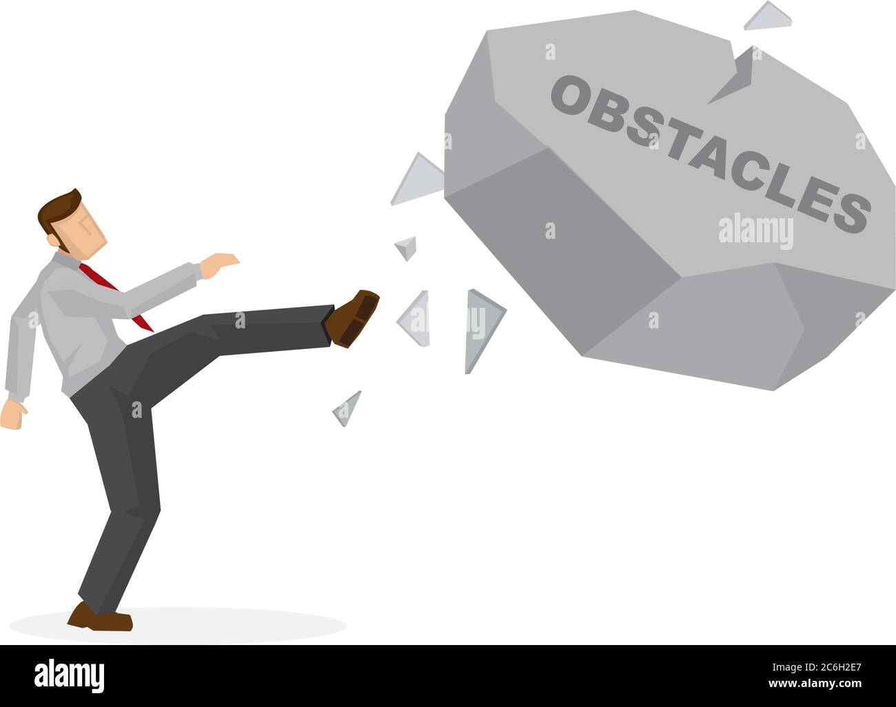 Illustration of a businessman kicking a giant rock title obstacles away ...