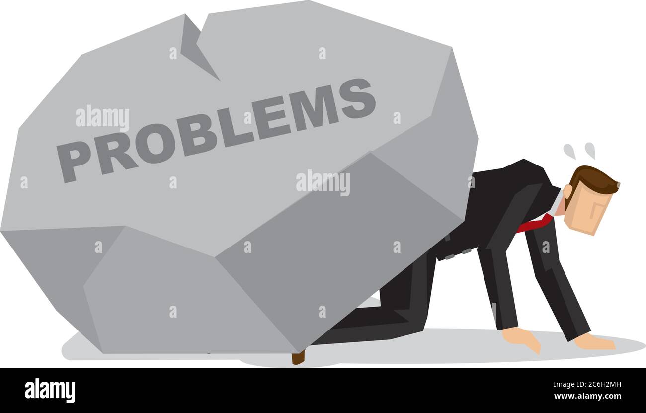 Tired businessman under a giant rock title problems. Corporate business ...