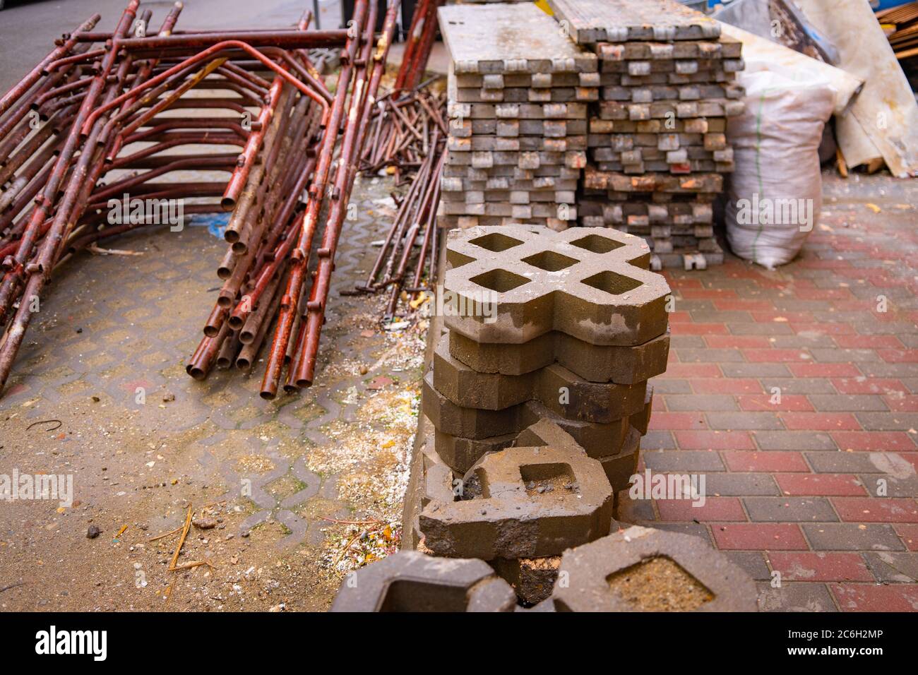 Materials and equipment isolated for construction at building site ...