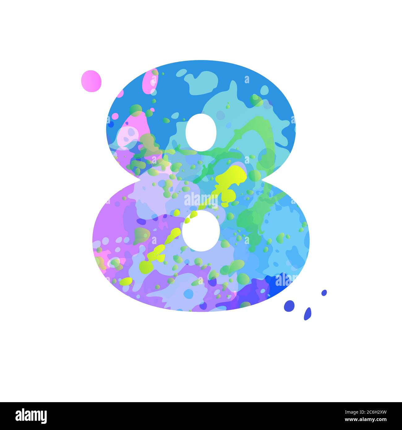 Number 8 with effect of liquid spots of paint in blue, green, pink ...