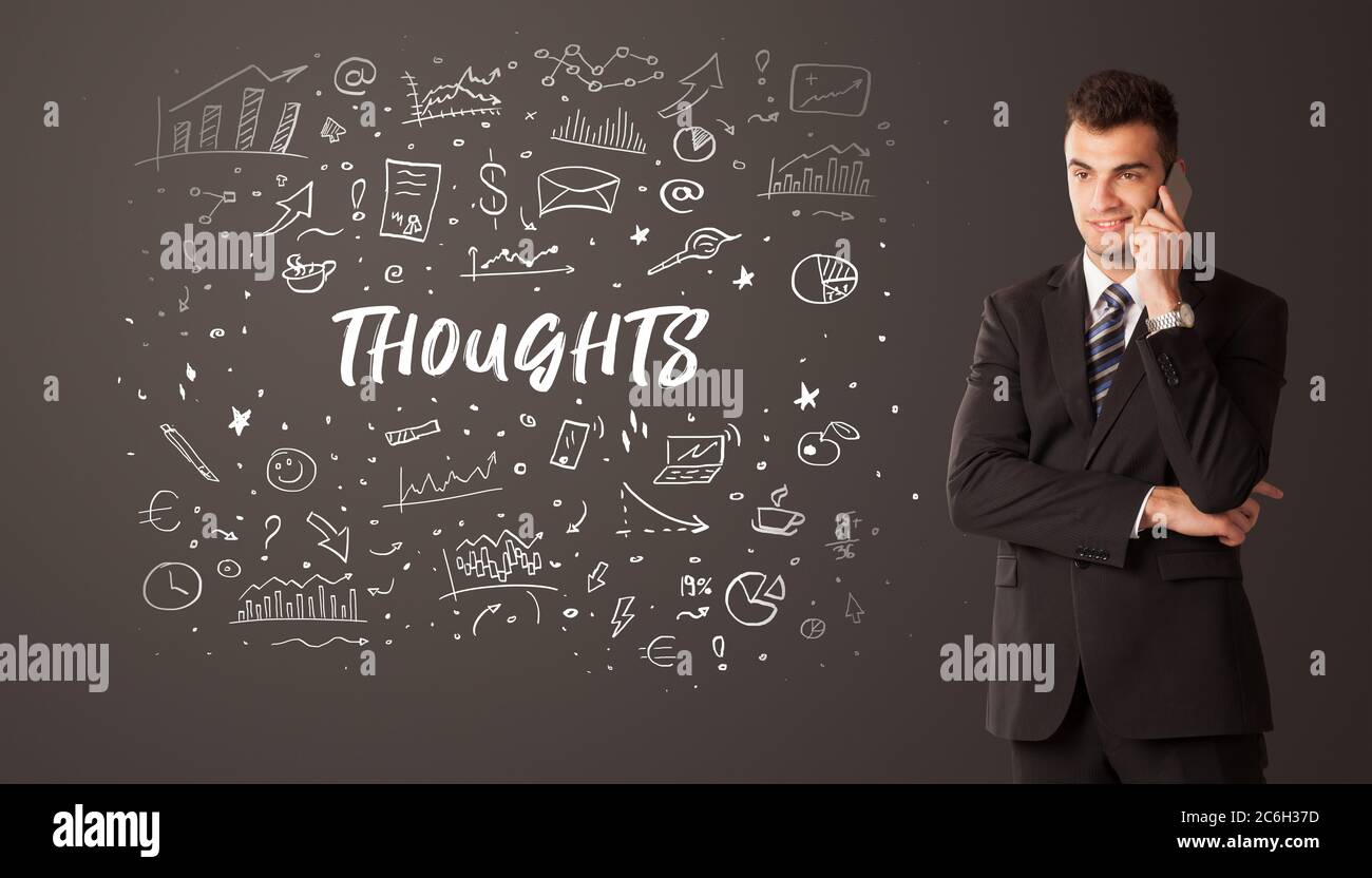Businessman thinking with THOUGHTS inscription, business education ...