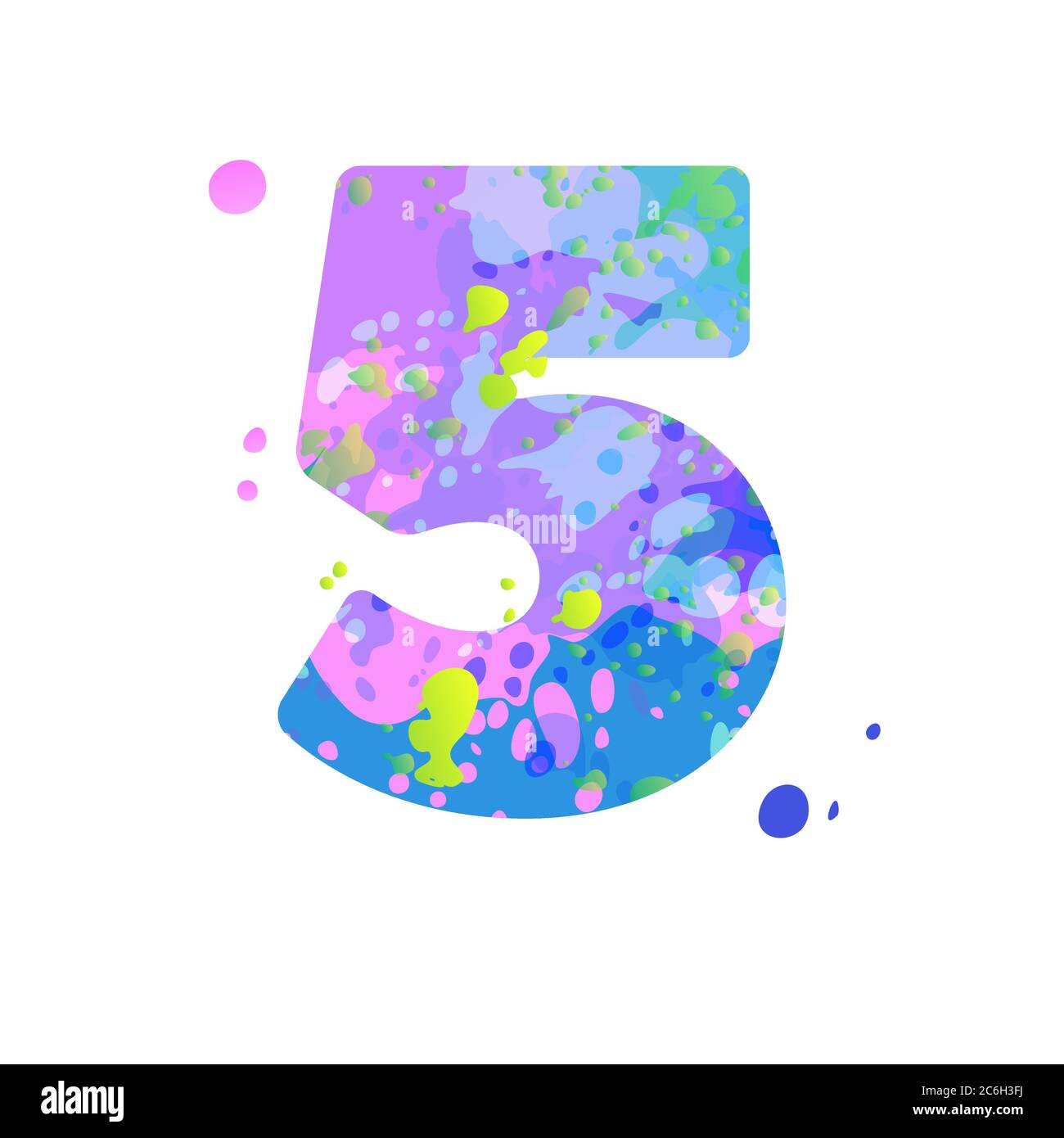 Number 5 with effect of liquid spots of paint in blue, green, pink ...