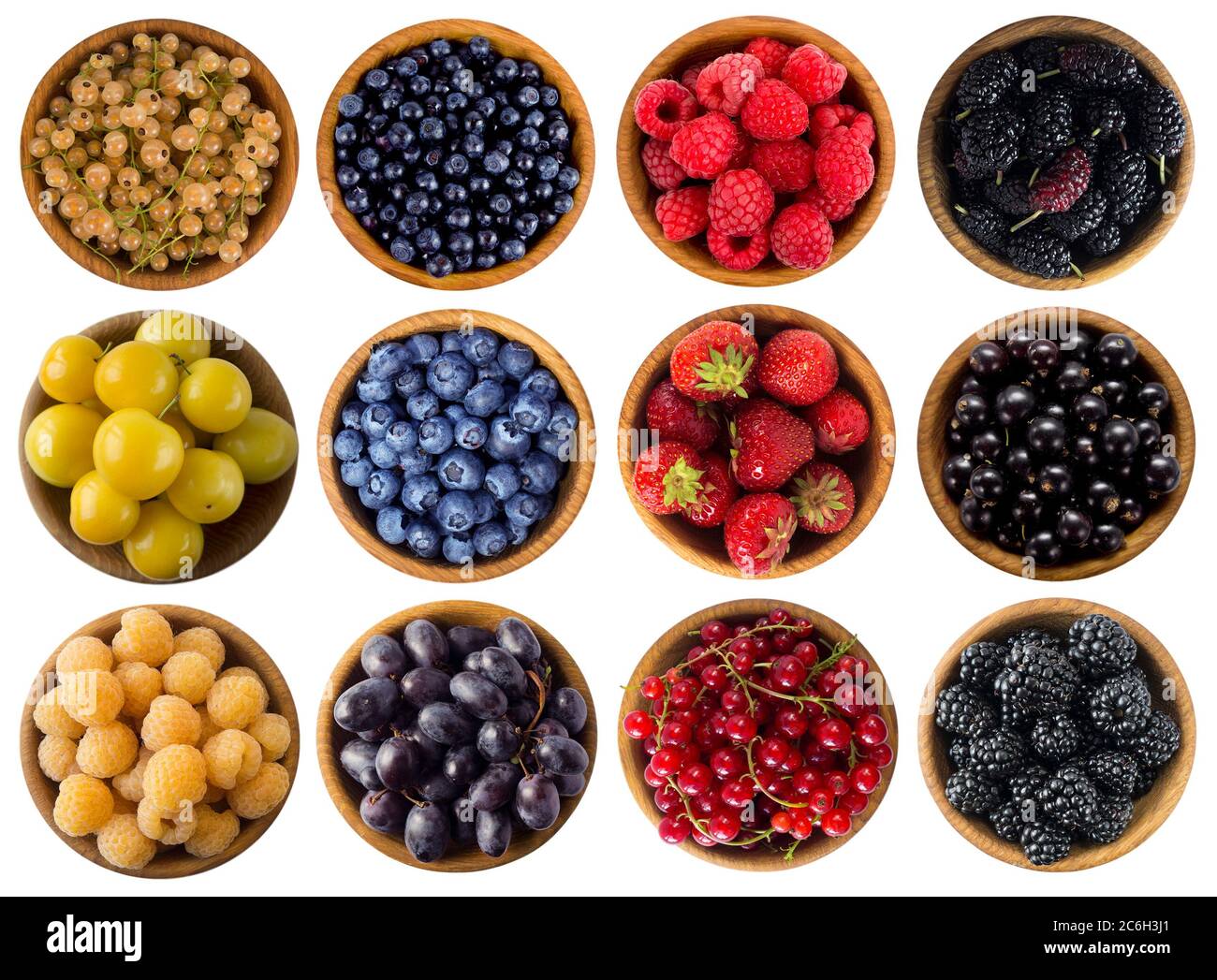 Yellow, red, blue and black food. Berries isolated on white. Collage of ...
