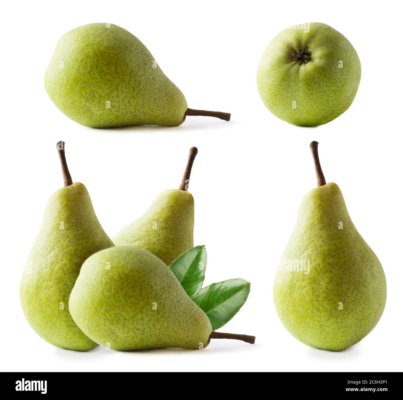 Ripe pears with leaves isolated on a white background. Three pears with ...