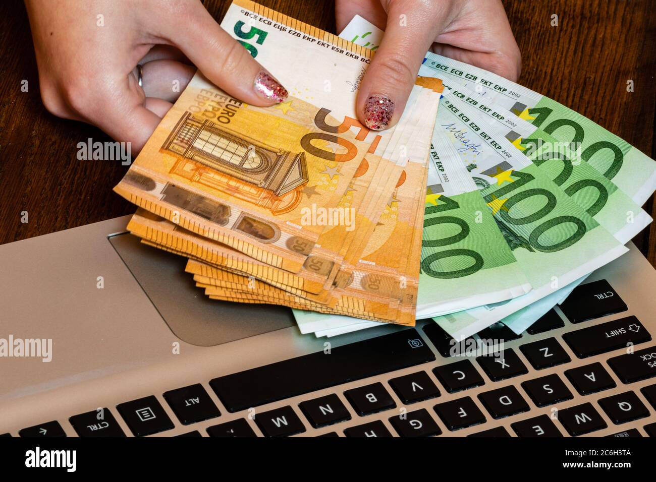 Different objects on wooden office desk. Modern wooden office desk ...