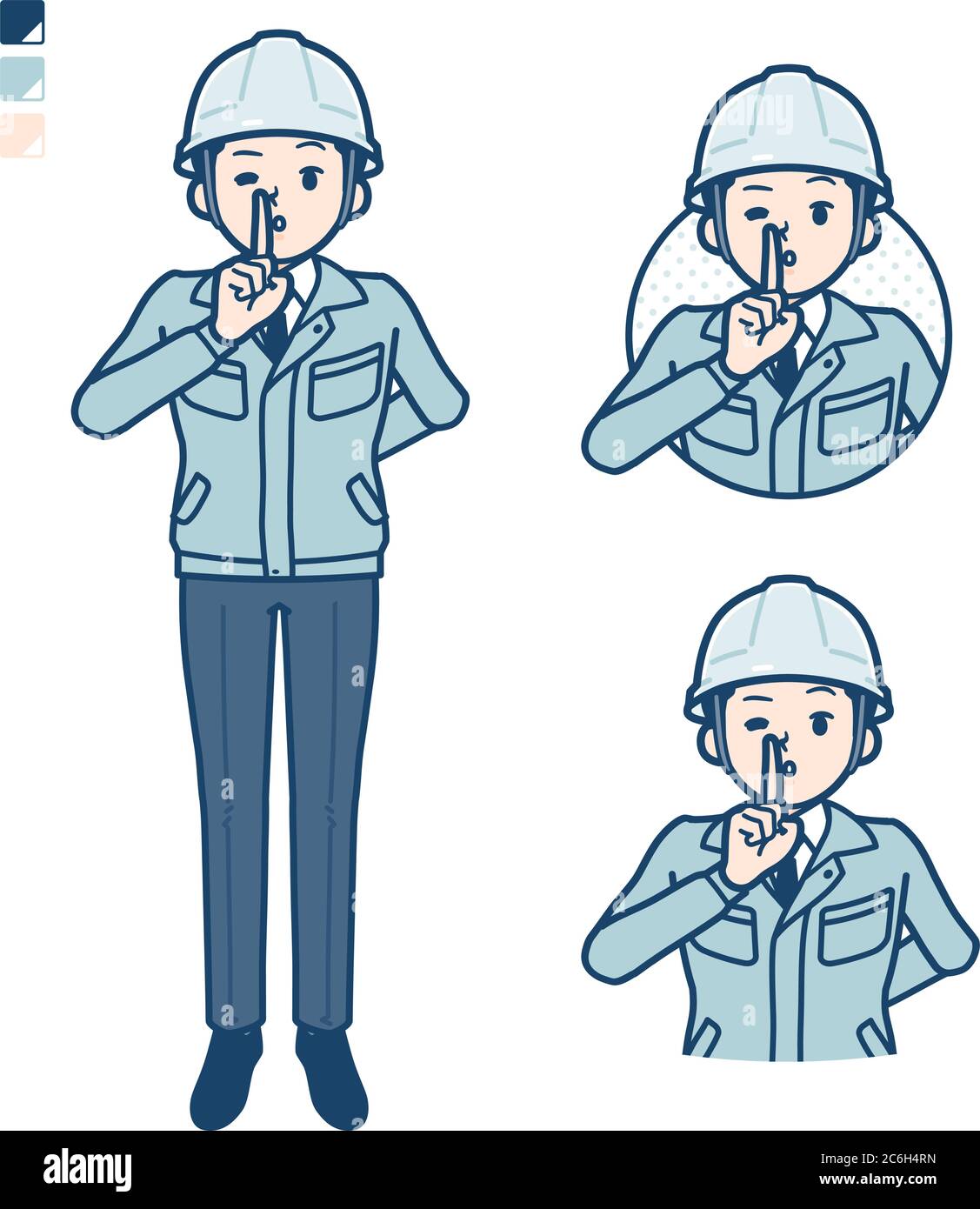 A Man wearing workwear with be quiet hand sign images. It's vector art ...