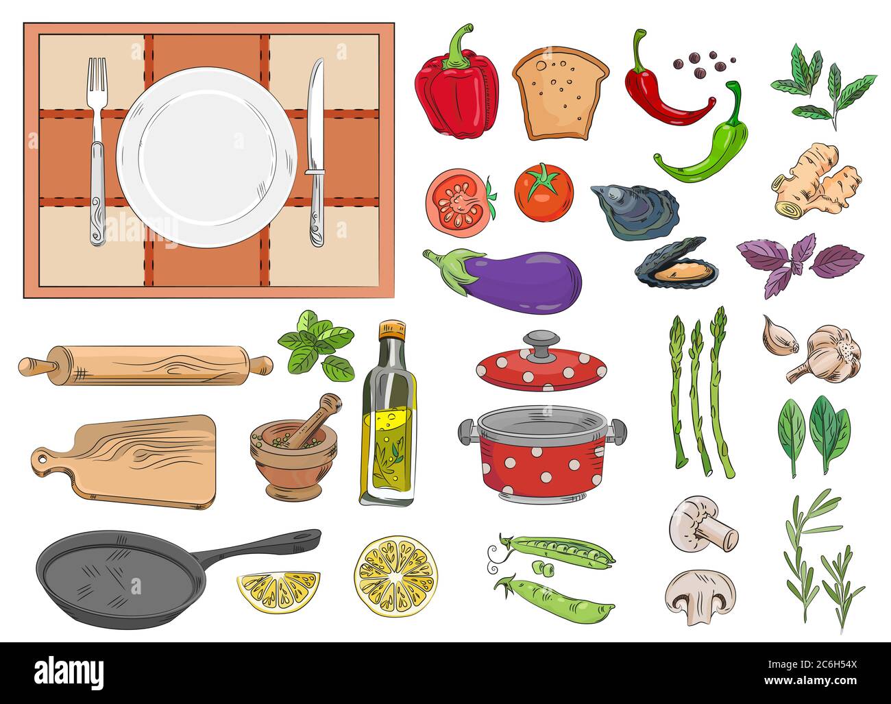 Food cooking set collection mixed. Dishes, vegetables, spices Stock ...
