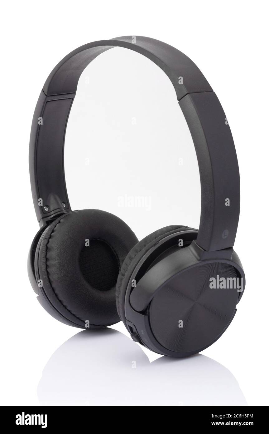 Black wireless headphones isolated on white background Stock Photo - Alamy