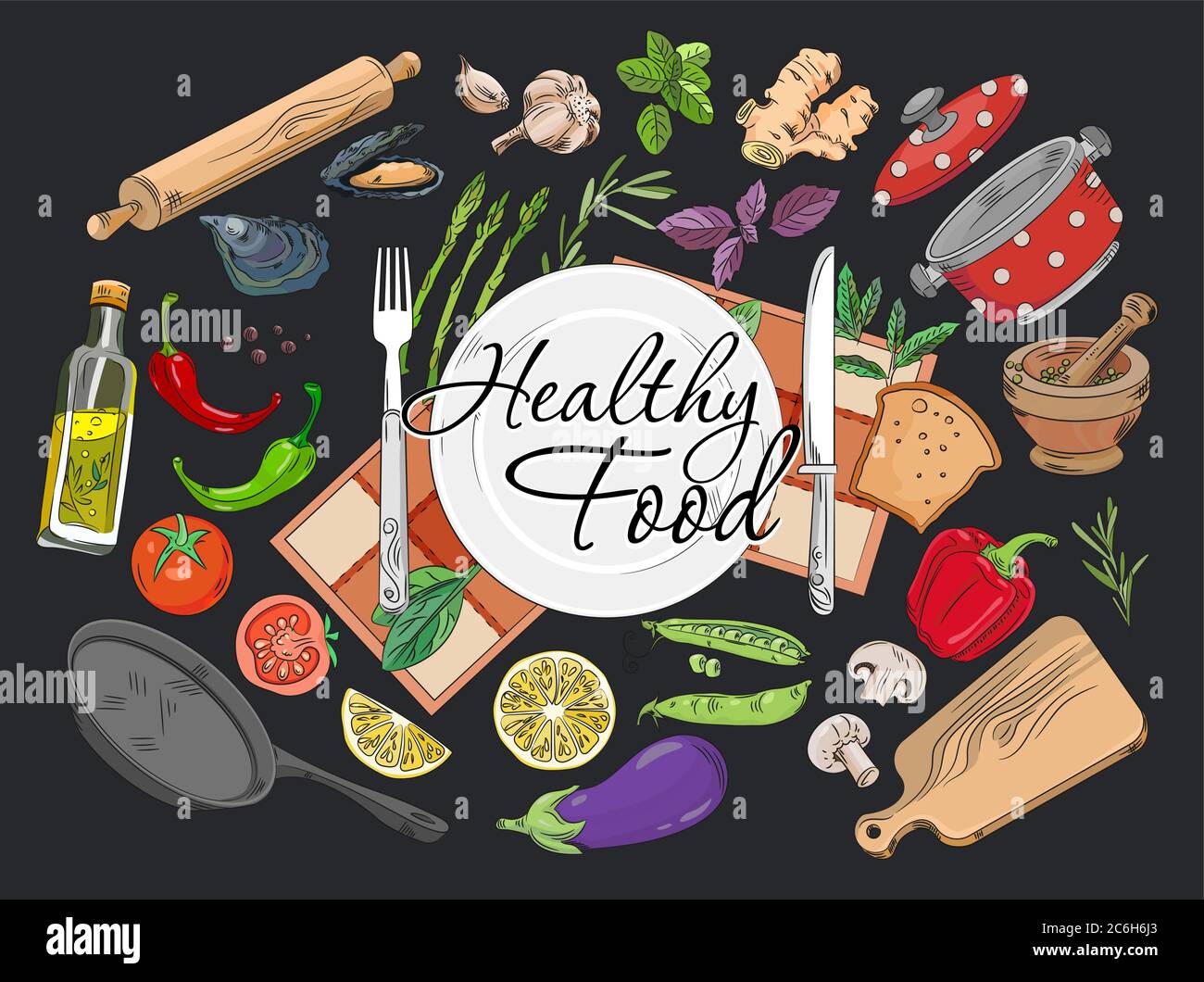 Food cooking vector set collection mixed. Dishes, vegetables, spices ...