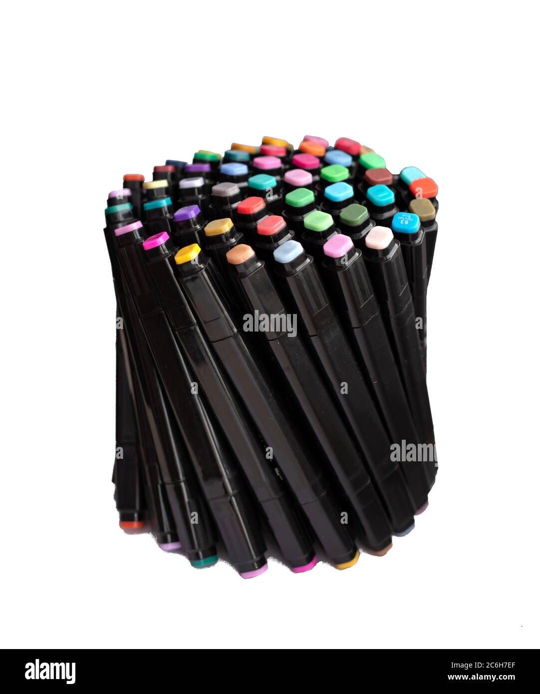 Close up selective focus of stack of Colored Pens Markers on white ...