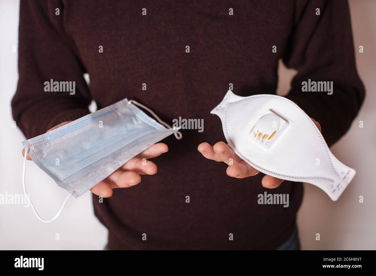 White variety medical mask respirator blue background. face mask ...
