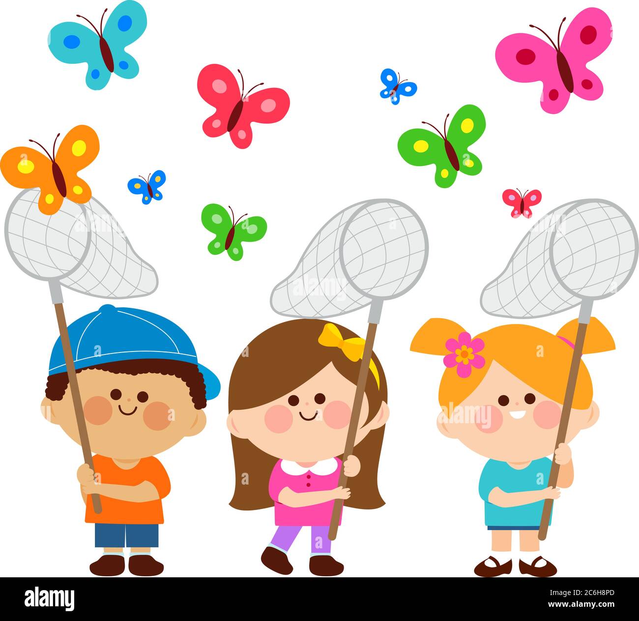 Children with butterfly nets catching butterflies. Vector illustration ...