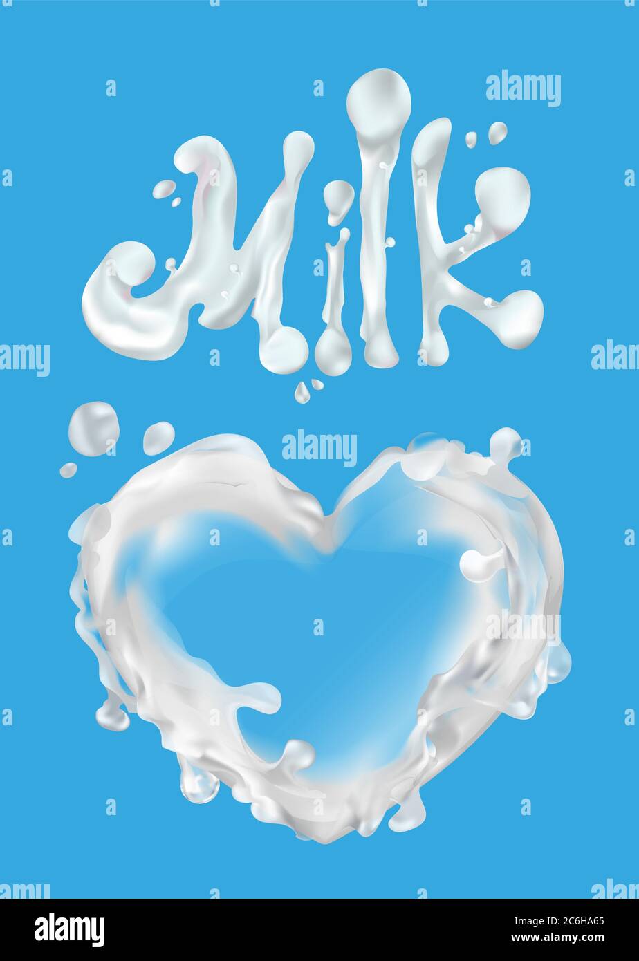 Milk splash letter vector realistic 3D word, inscription heart love ...