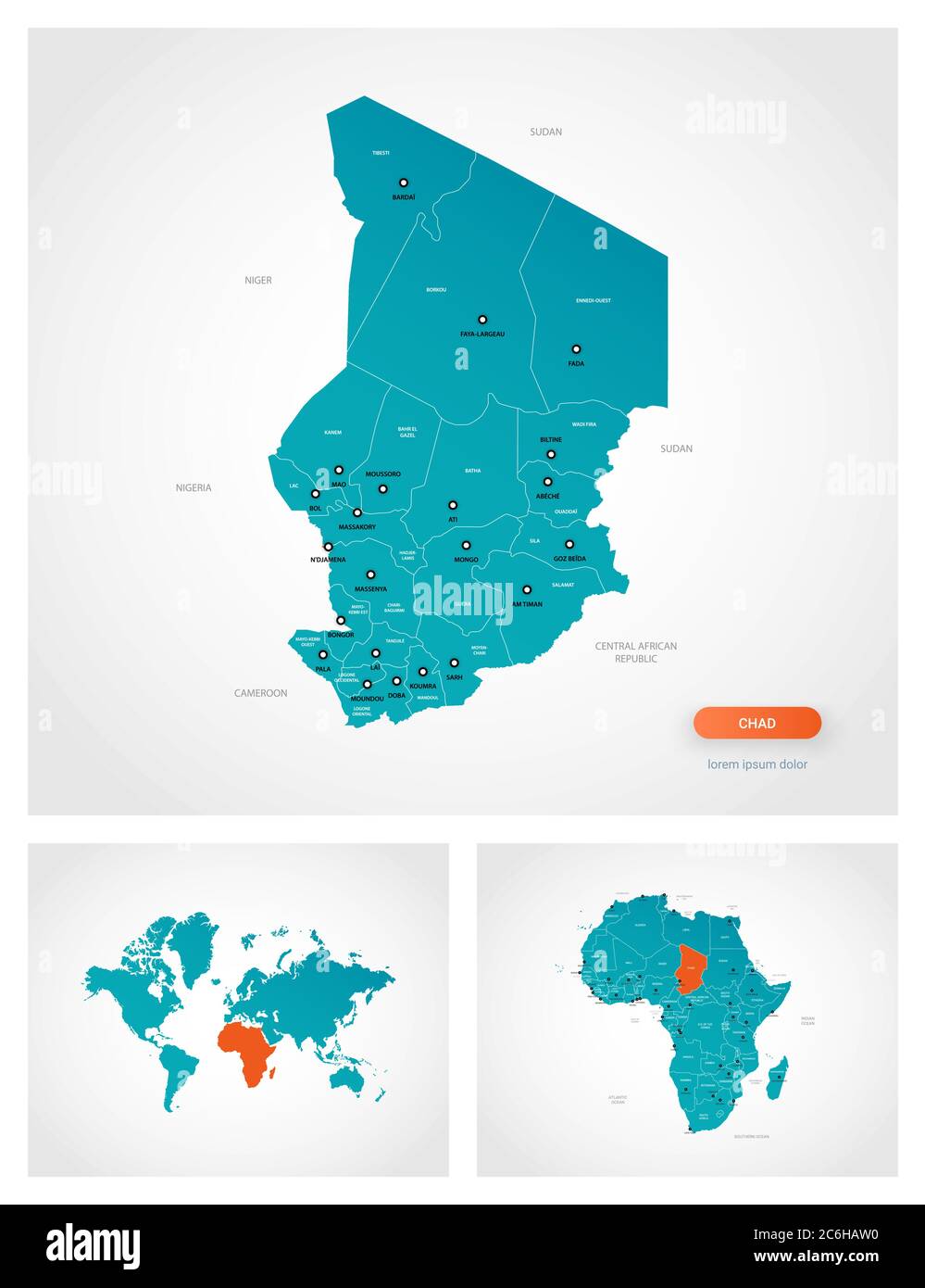 Editable template of map of Chad with marks. Chad on world map and on ...