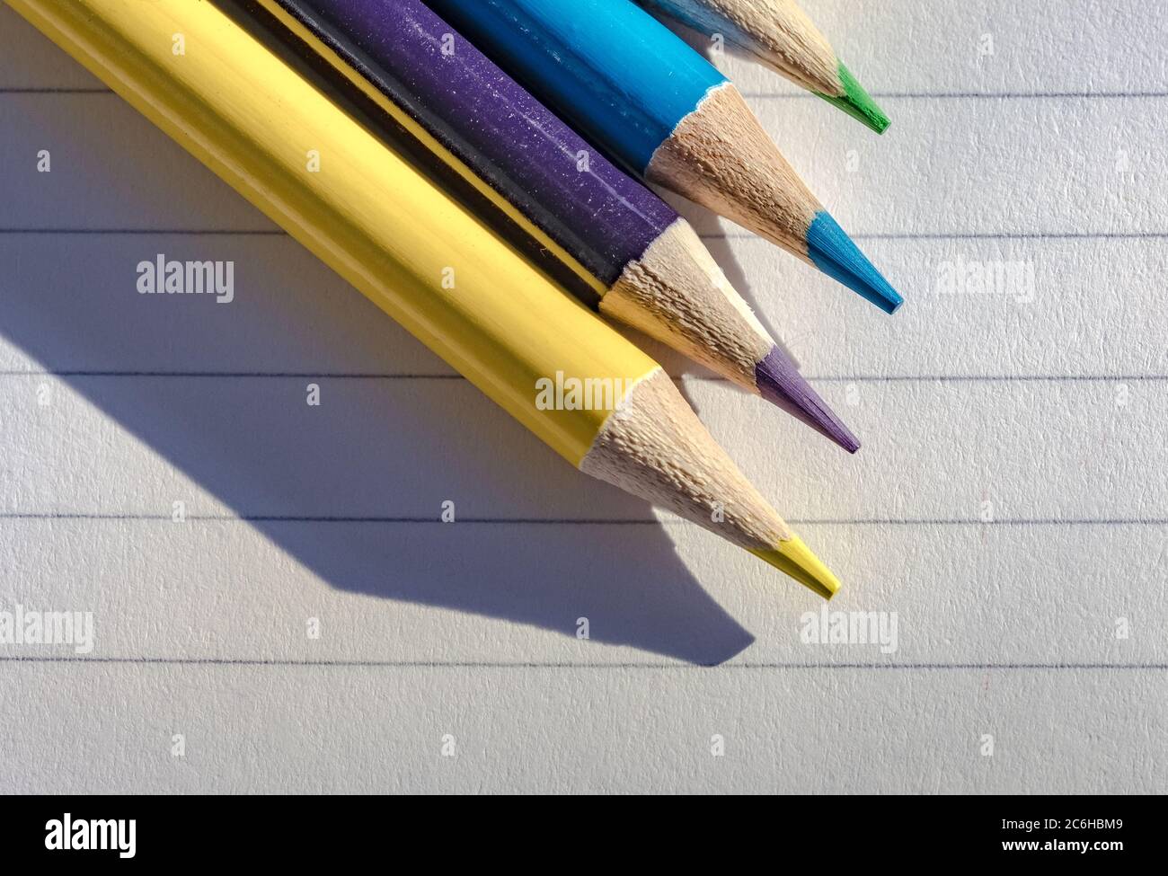 Shallow focus view of a close-up image of new colouring pencils seen on ...