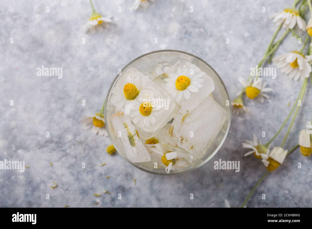 Ice cubes with chamomile flowers inside. Springtime symbolism Stock ...