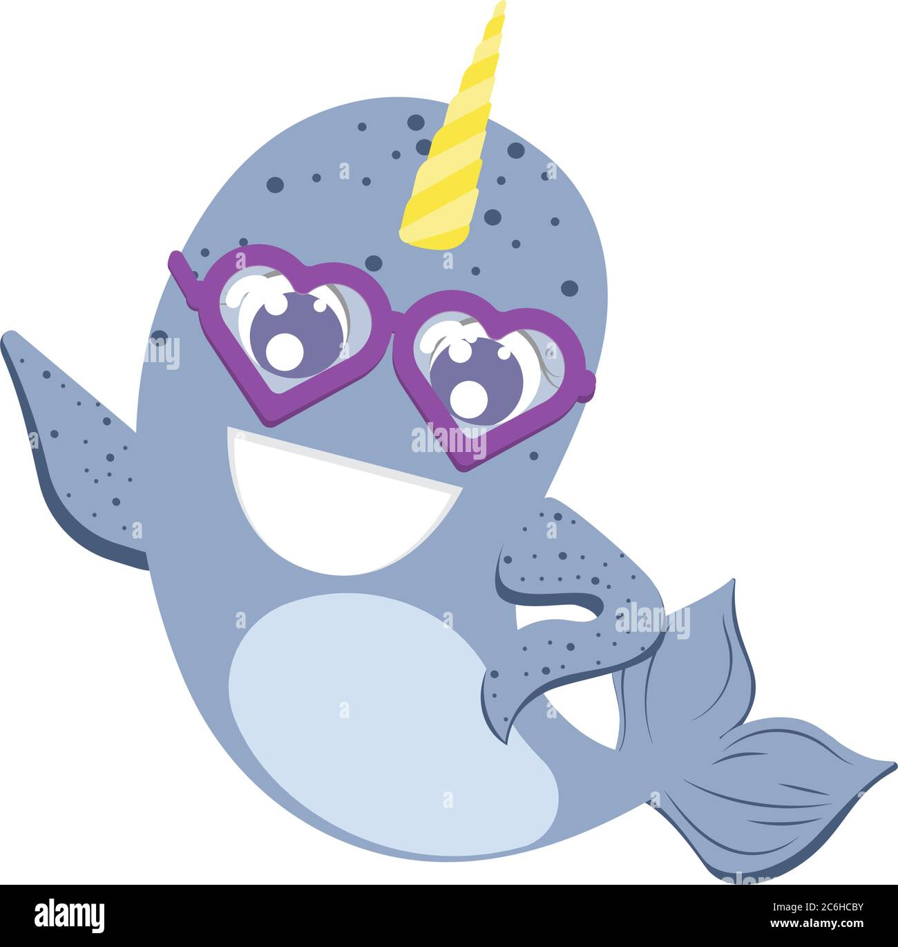 Narwhal Toddler kawaii character with heart shape glasses, kids vector ...