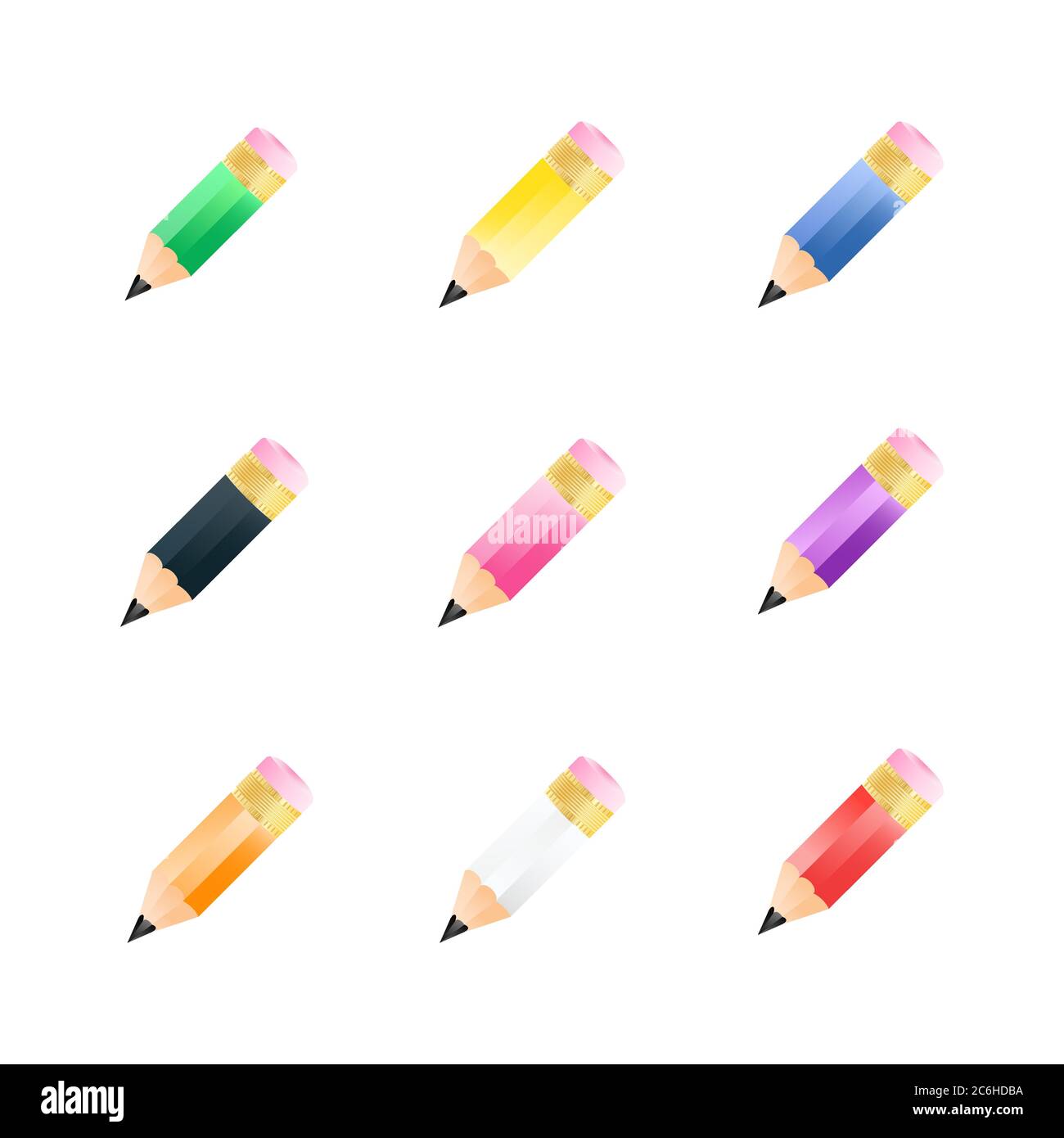 Set of simple small pencils with eraser, different colors. Realistic ...