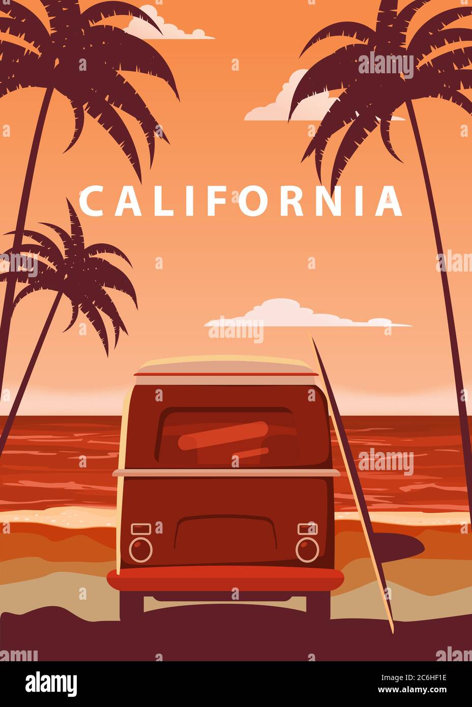 Surfer orange bus, van, camper with surfboard on the tropical beach ...