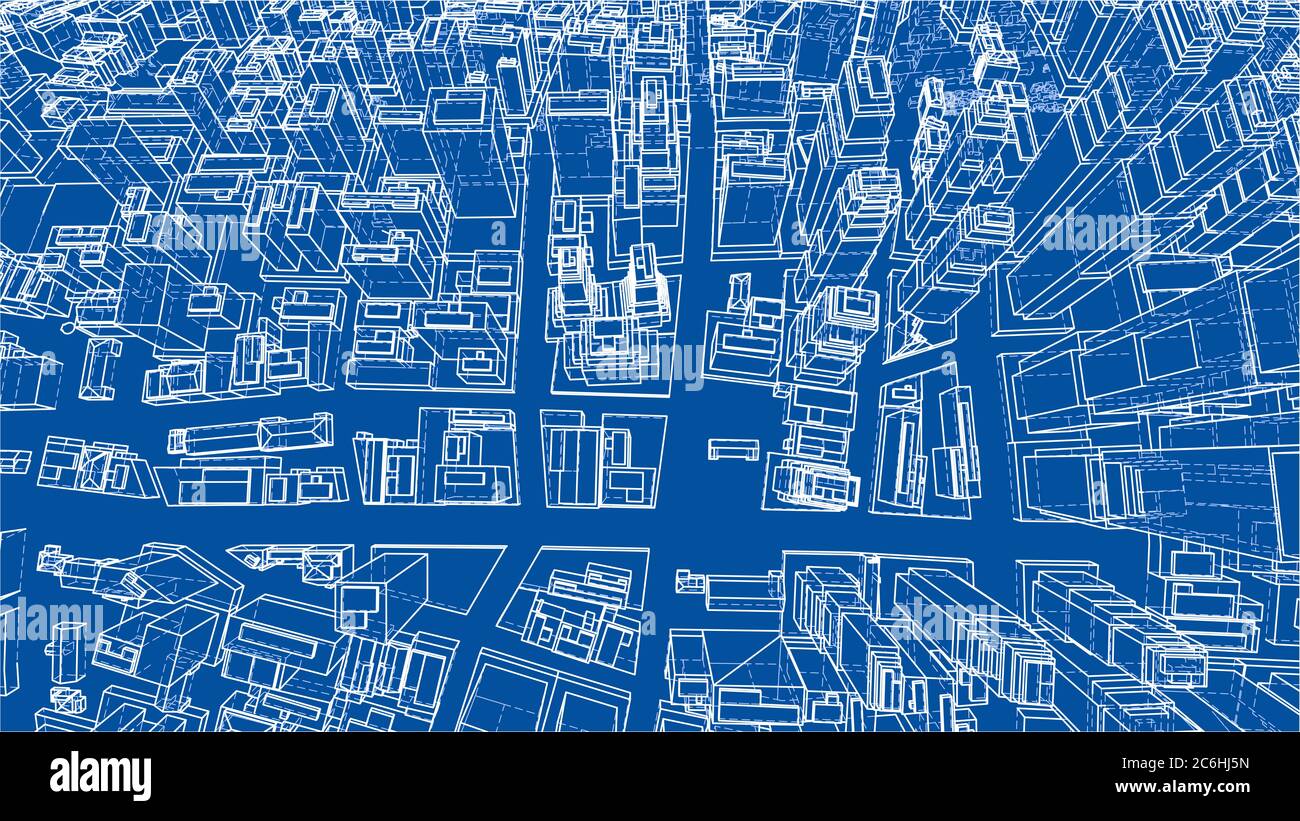 Wire-frame Twisted City, Blueprint Style Stock Photo - Alamy