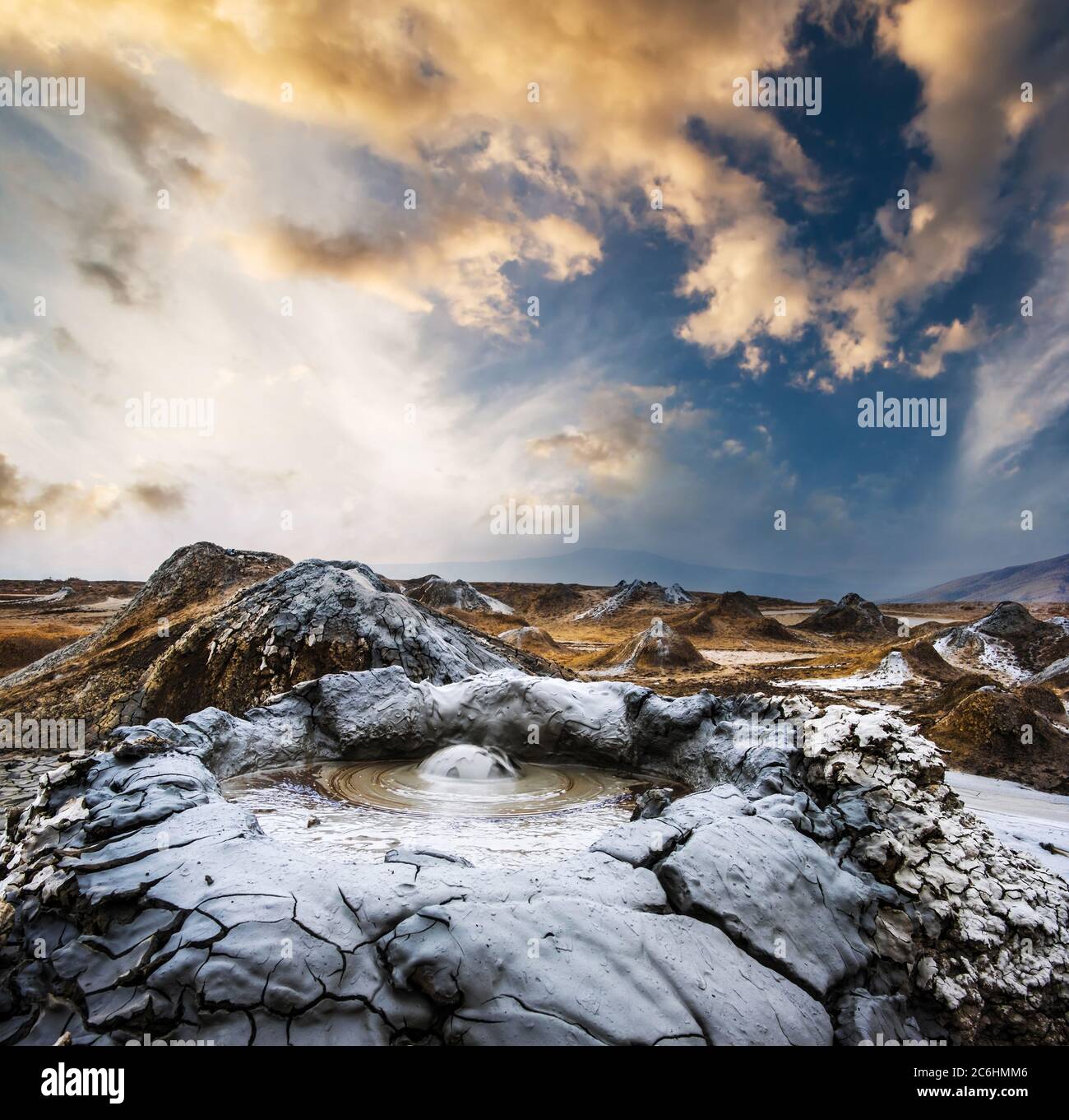 Mud volcanoes of Gobustan near Baku at sunset, Azerbaijan Stock Photo ...