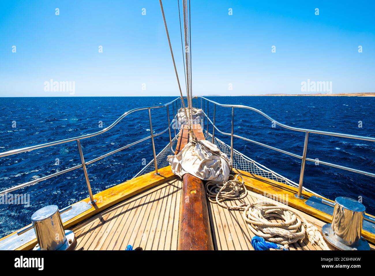 Incredible view from motor yacht on deep blue sea and luxurious white ...