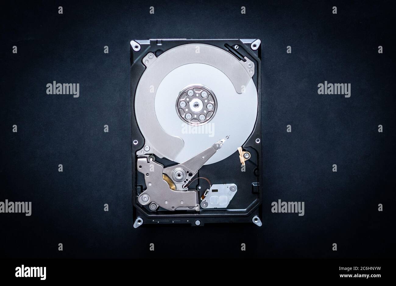 Top view of hard disk drive of personal computer on dark background ...