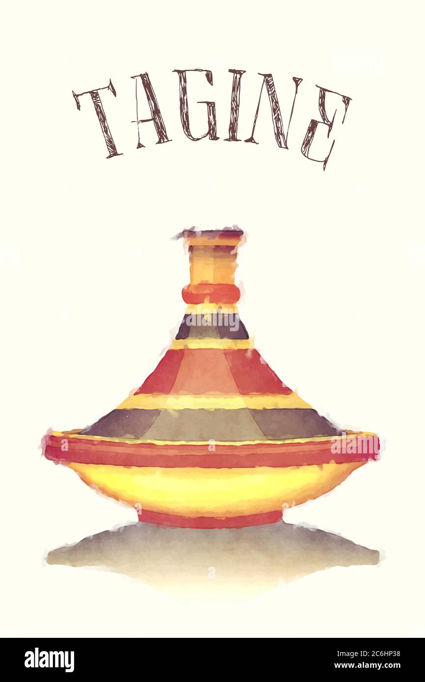 Watercolour illustration of a colourful striped tagine, isolated over ...