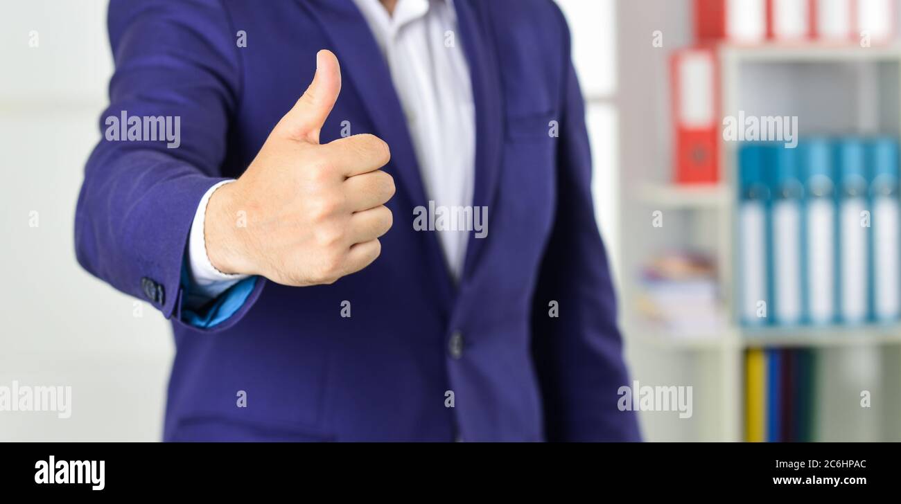 Successful career. Well done. Good job. Male hand show thumbs up sign ...