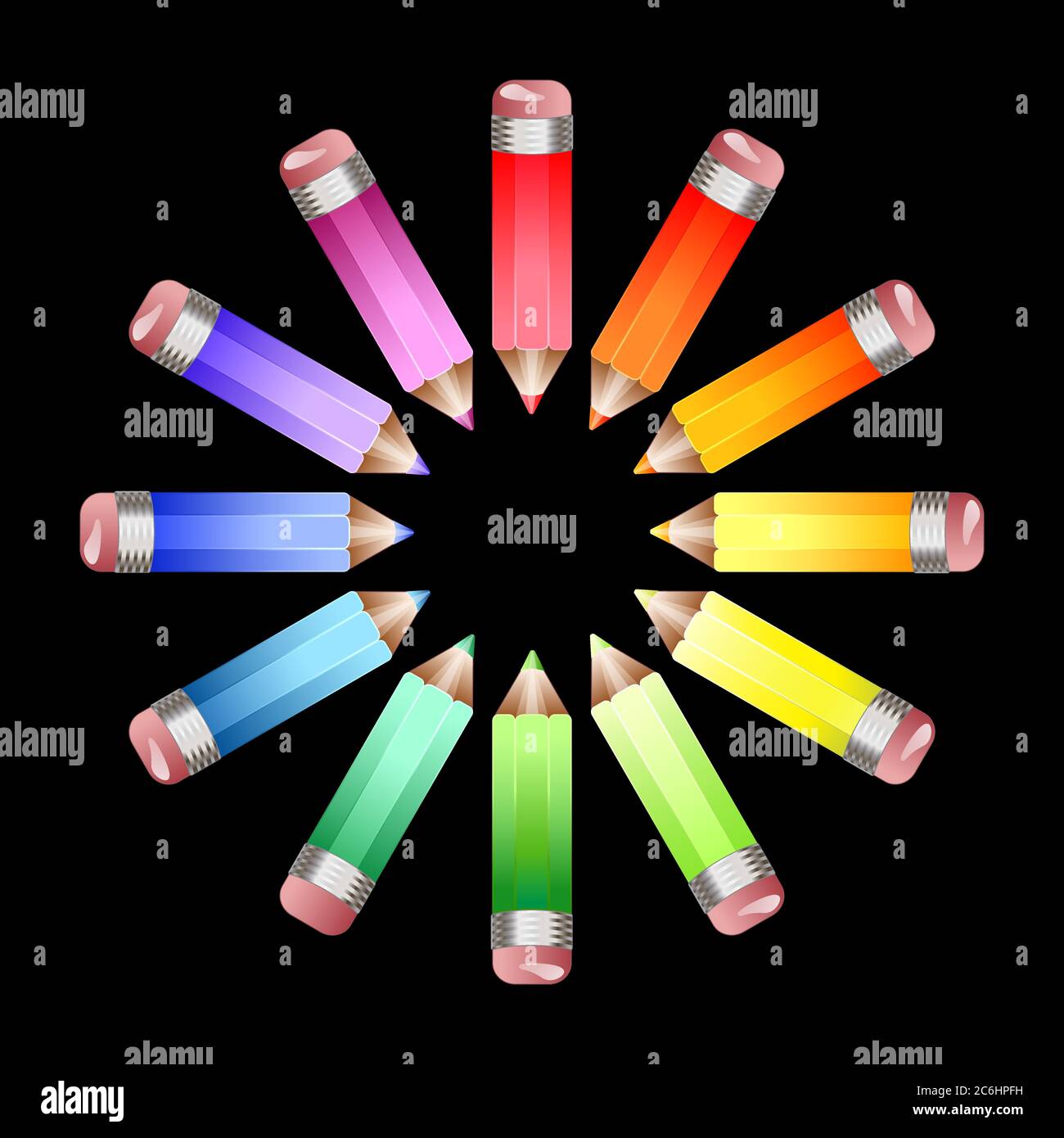 A circle of coloured pencils forming a colour wheel on a black ...