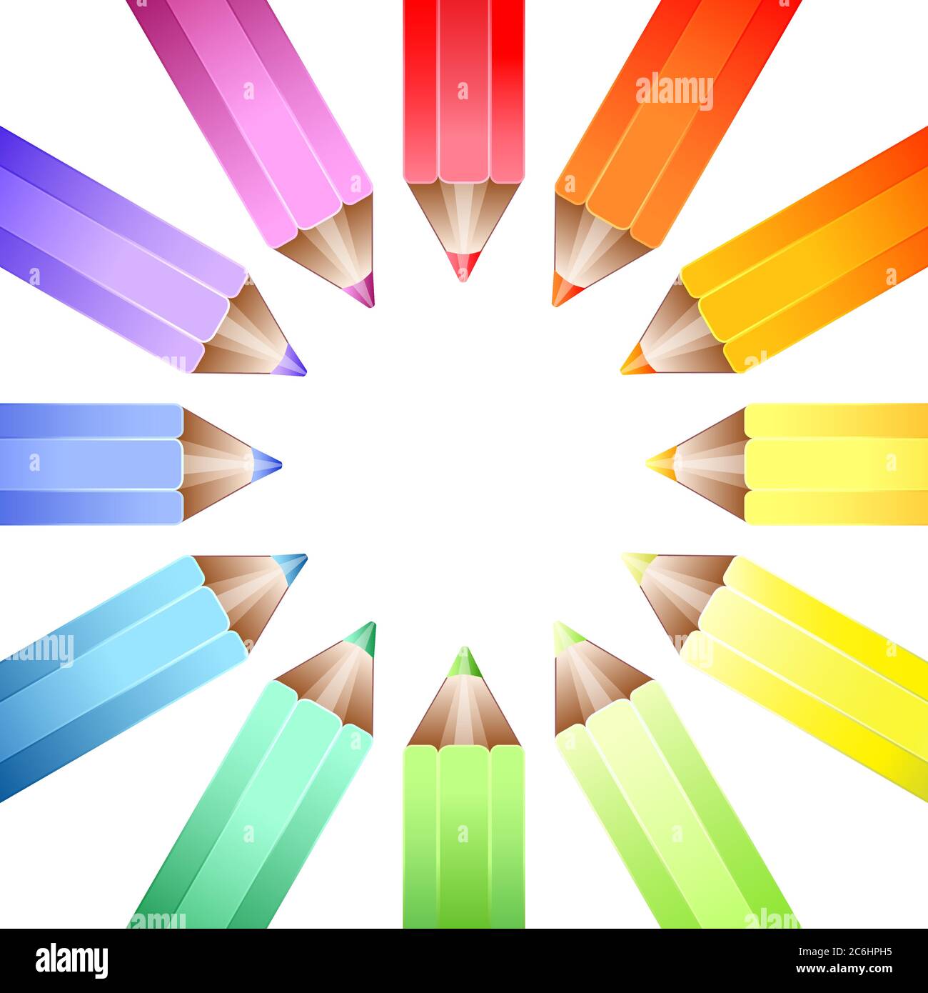 A circle of coloured pencils forming a colour wheel on a white ...