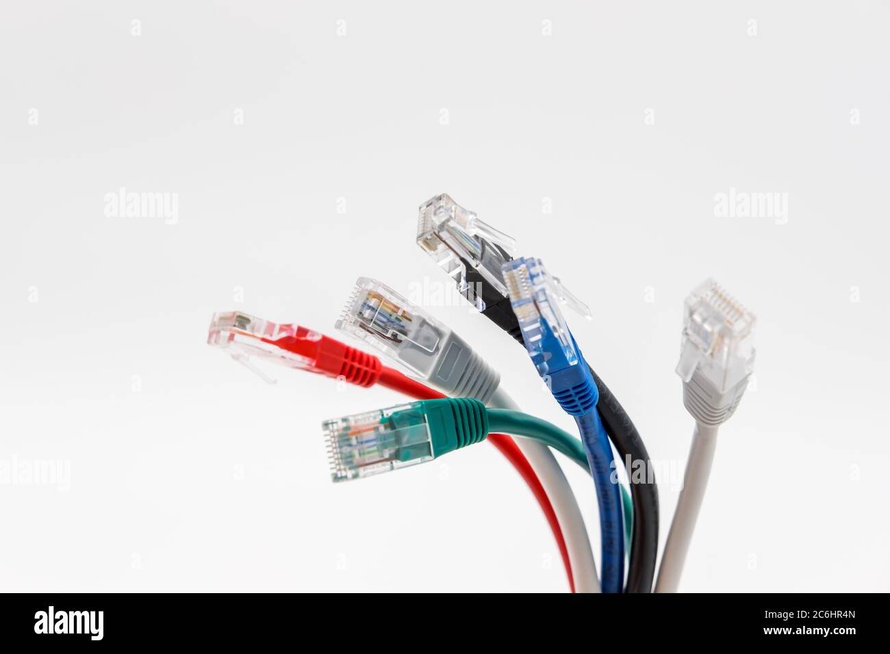 Close-up of multicoloured Ethernet networking patch leads showing ...