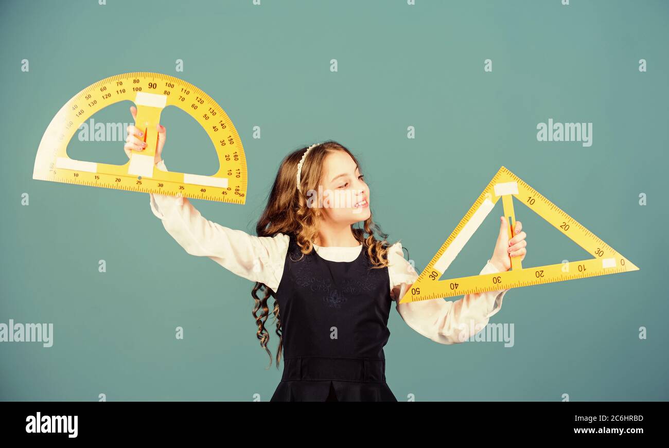 School student study geometry. Kid school uniform hold ruler. School ...