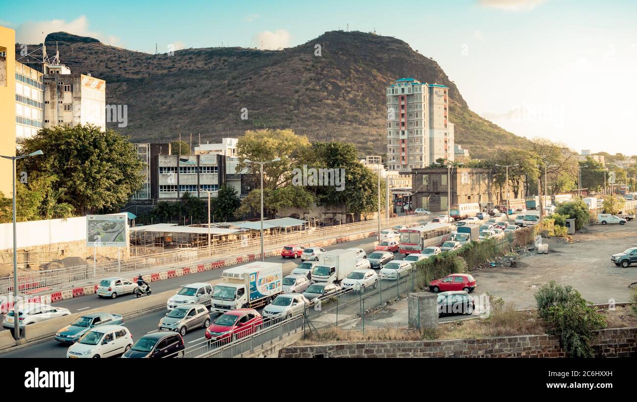 Picture showing Port Louis in Mauritius with the mountain in den ...
