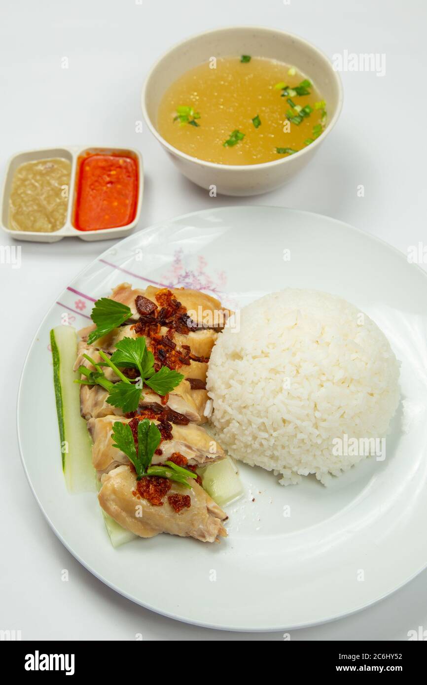 Delicious Steam Chicken with Rice (Hainan Chicken Stock Photo - Alamy