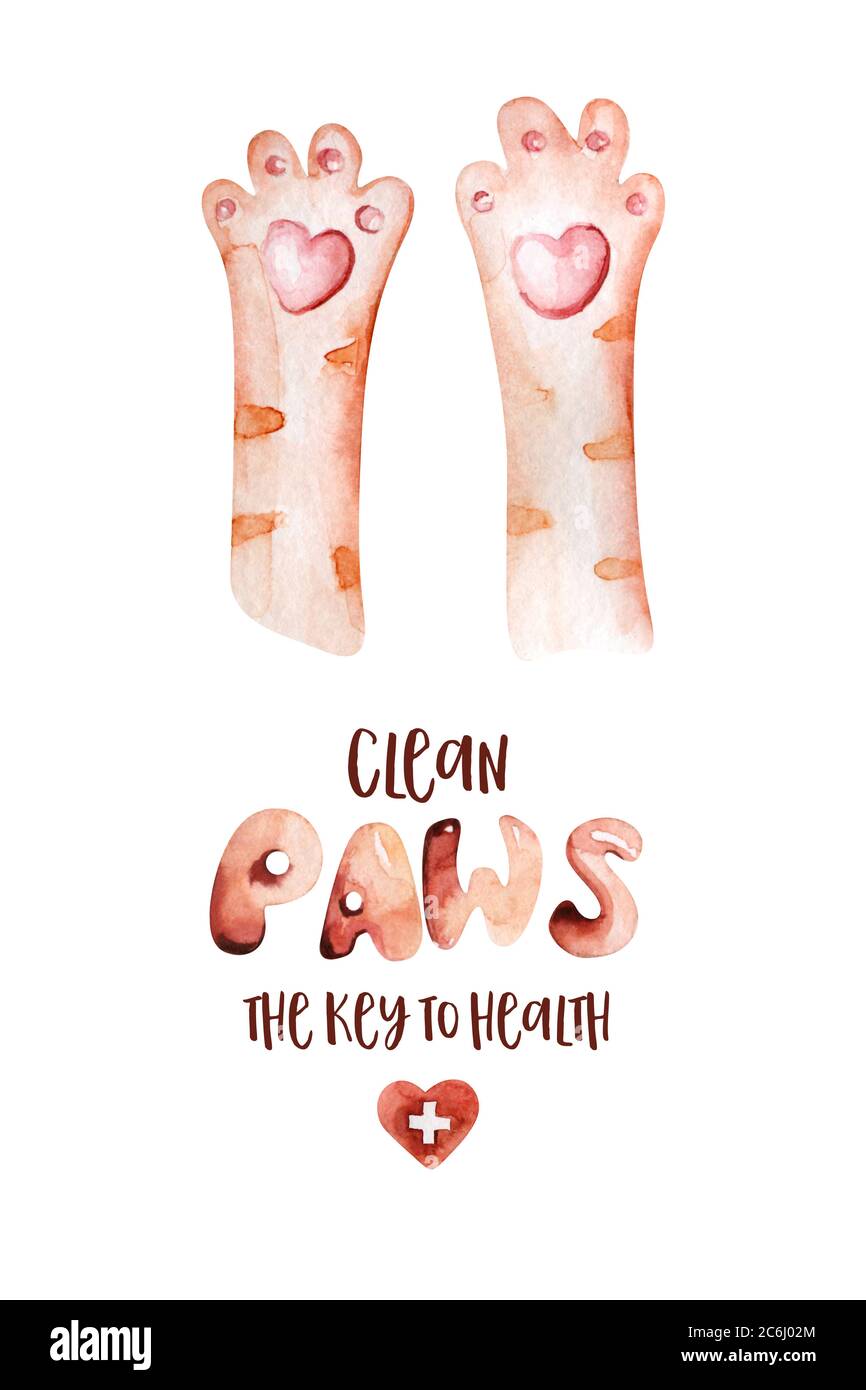 Wash your hand kids poster watercolor illustration with cat paws. hand ...