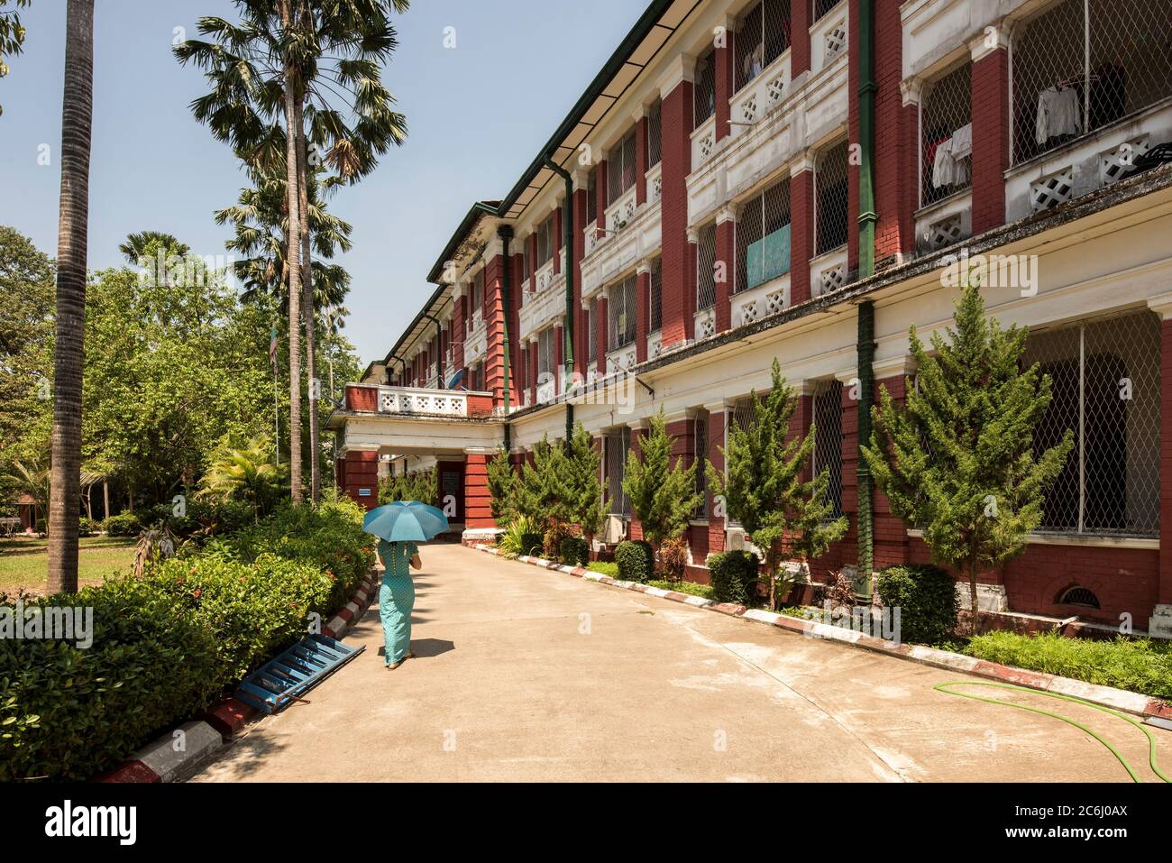 Oblique view of accommodation block for students at Yangon University ...