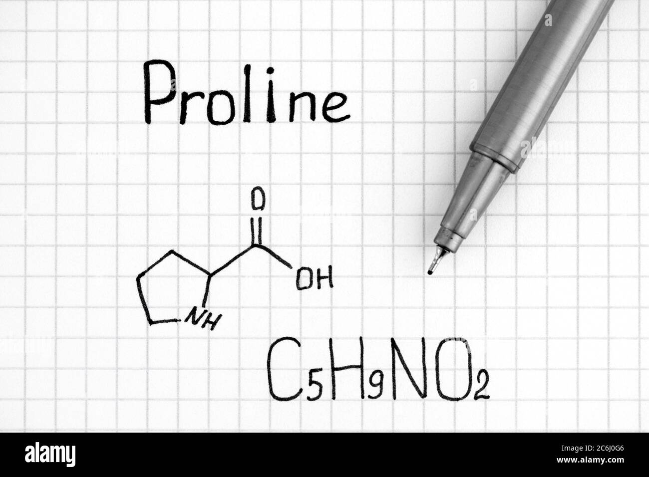 Chemical formula of Proline with pen. Close-up Stock Photo - Alamy