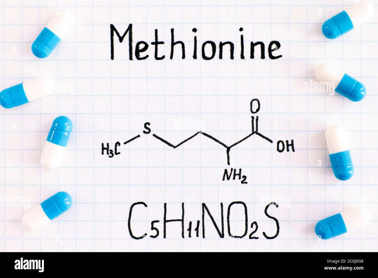 Chemical formula of Methionine with some pills. Close-up Stock Photo ...