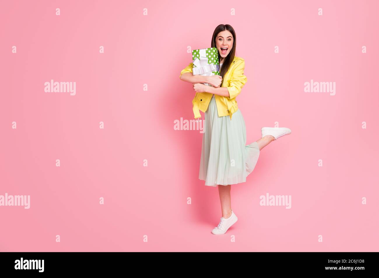 Full body photo of funny lady hold hands close to chest large green ...