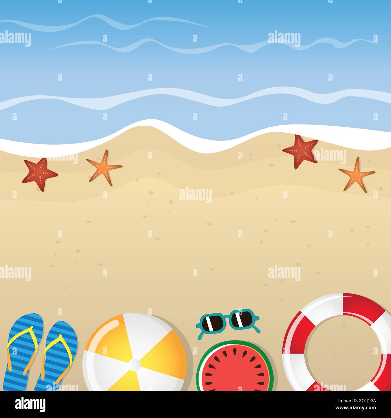 different beach utensils summer holiday background with flip flops ...