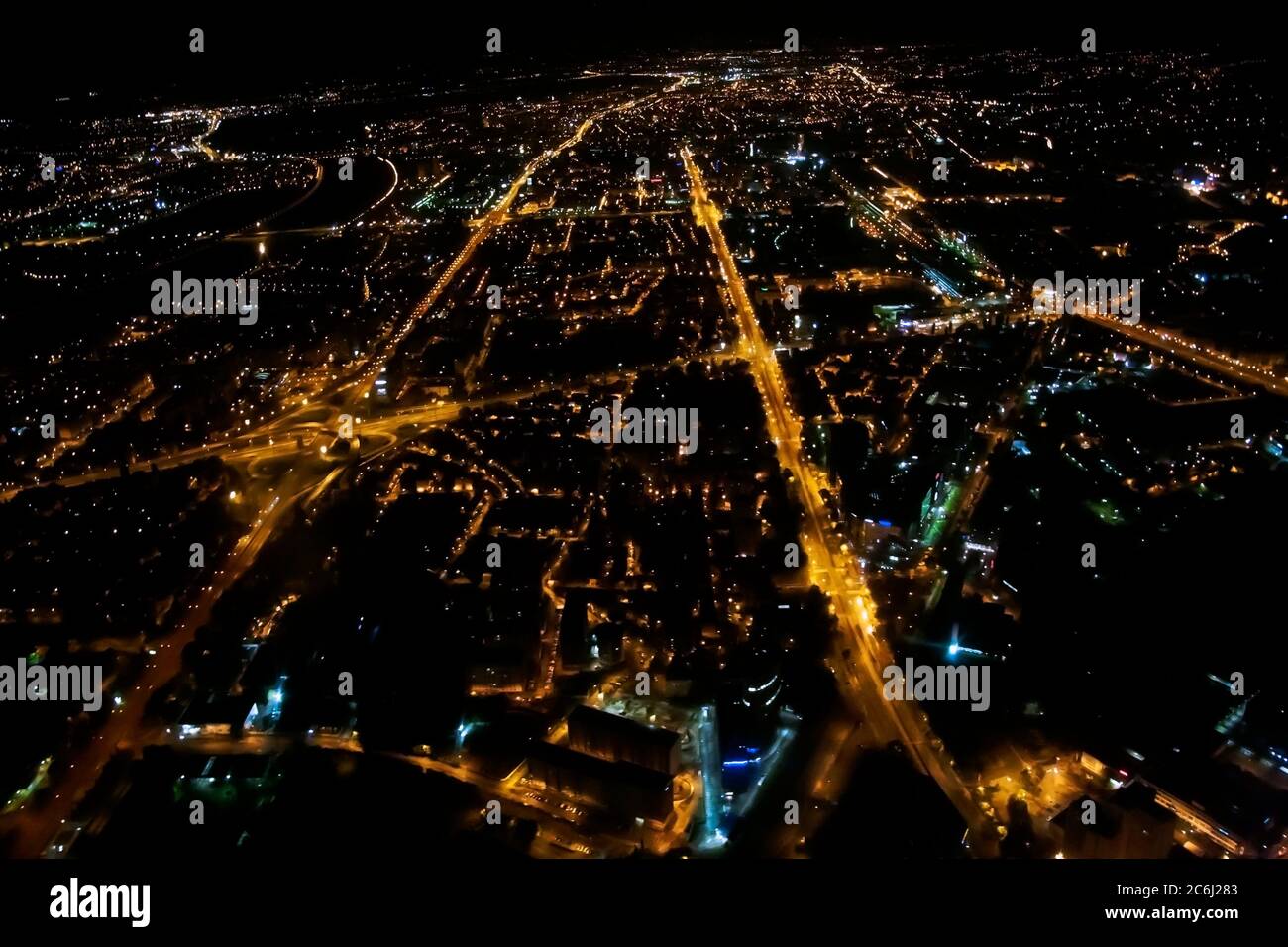Night flight over the city lights, aerial night urban view of Zagreb ...
