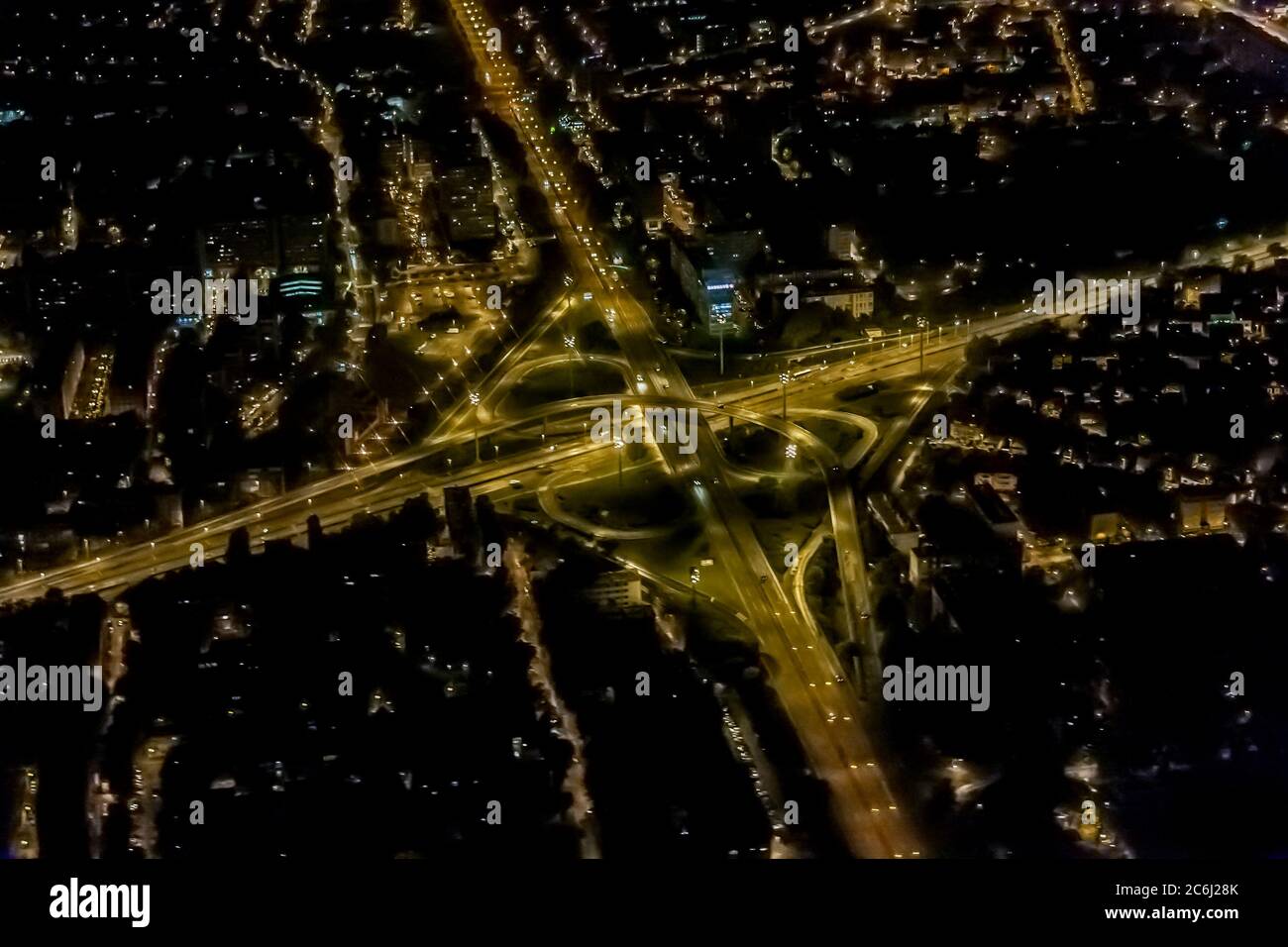Night flight over the city lights, aerial night urban view of Zagreb ...