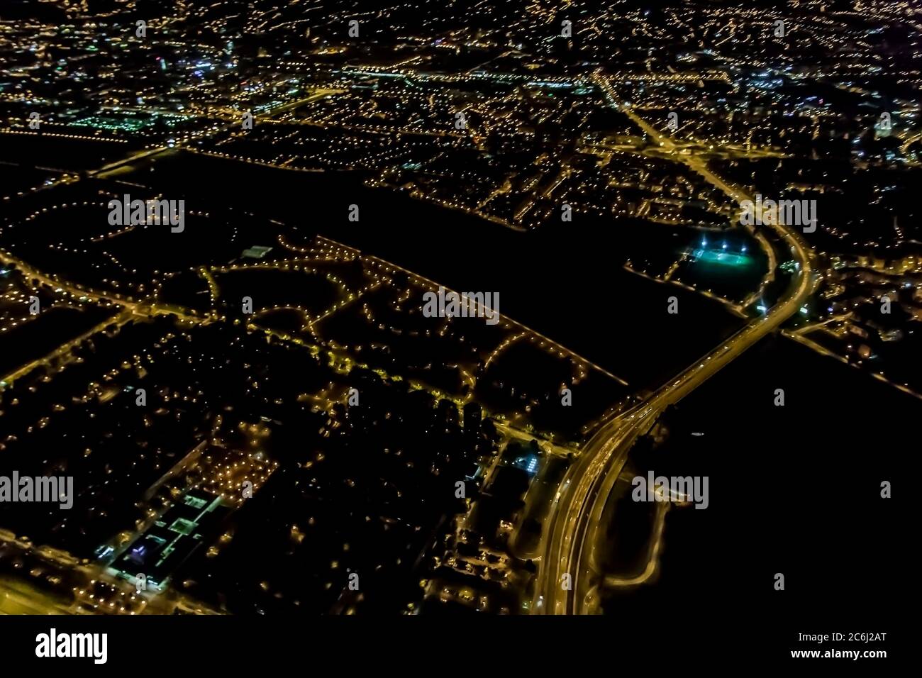Night flight over the city lights, aerial night urban view of Zagreb ...